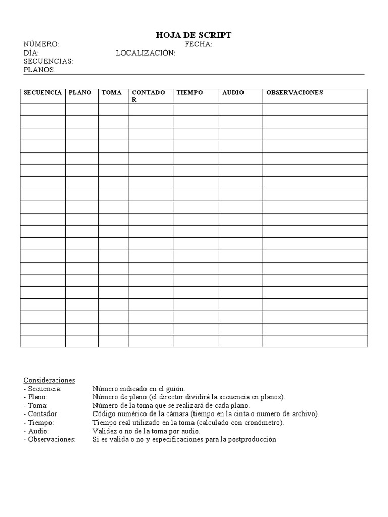 Hoja de Script para Rodaje Cinematográfico | PDF
