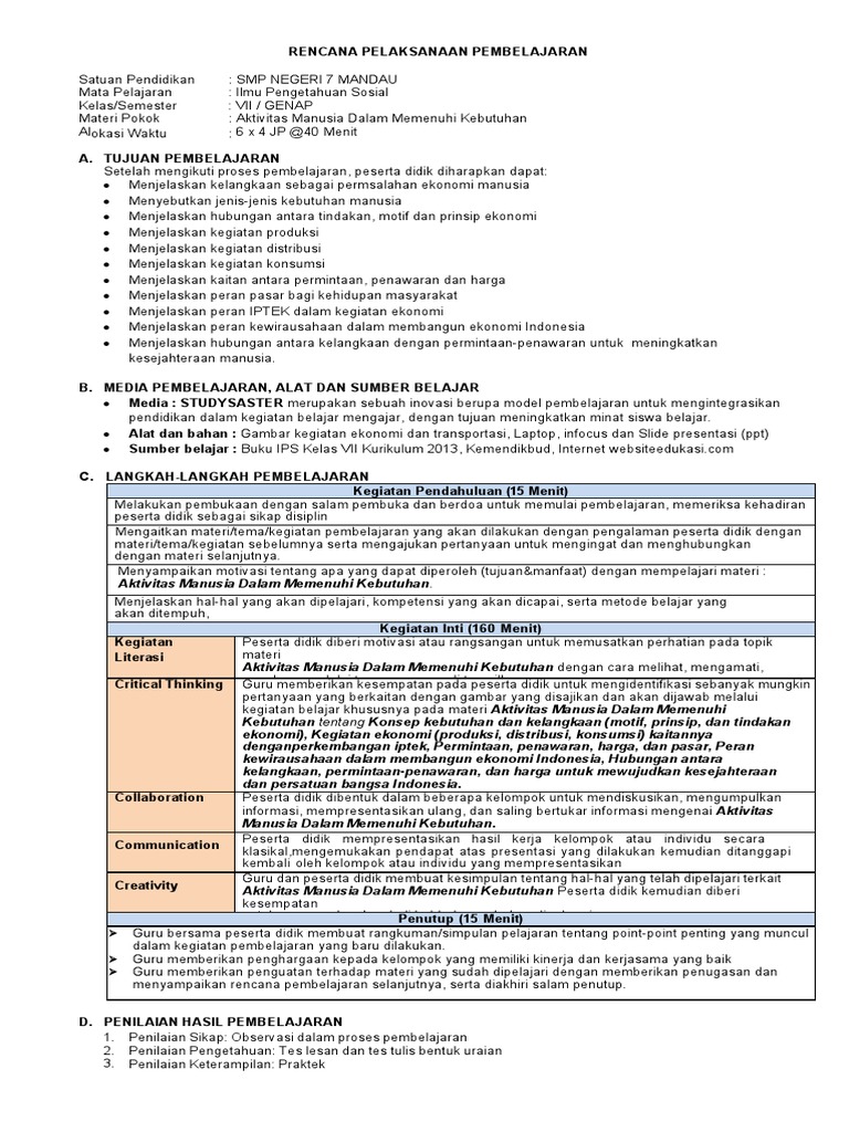 RPP 1 Lembar Ips Kelas 7 | PDF | Karier & Perkembangan | Pengembangan Diri