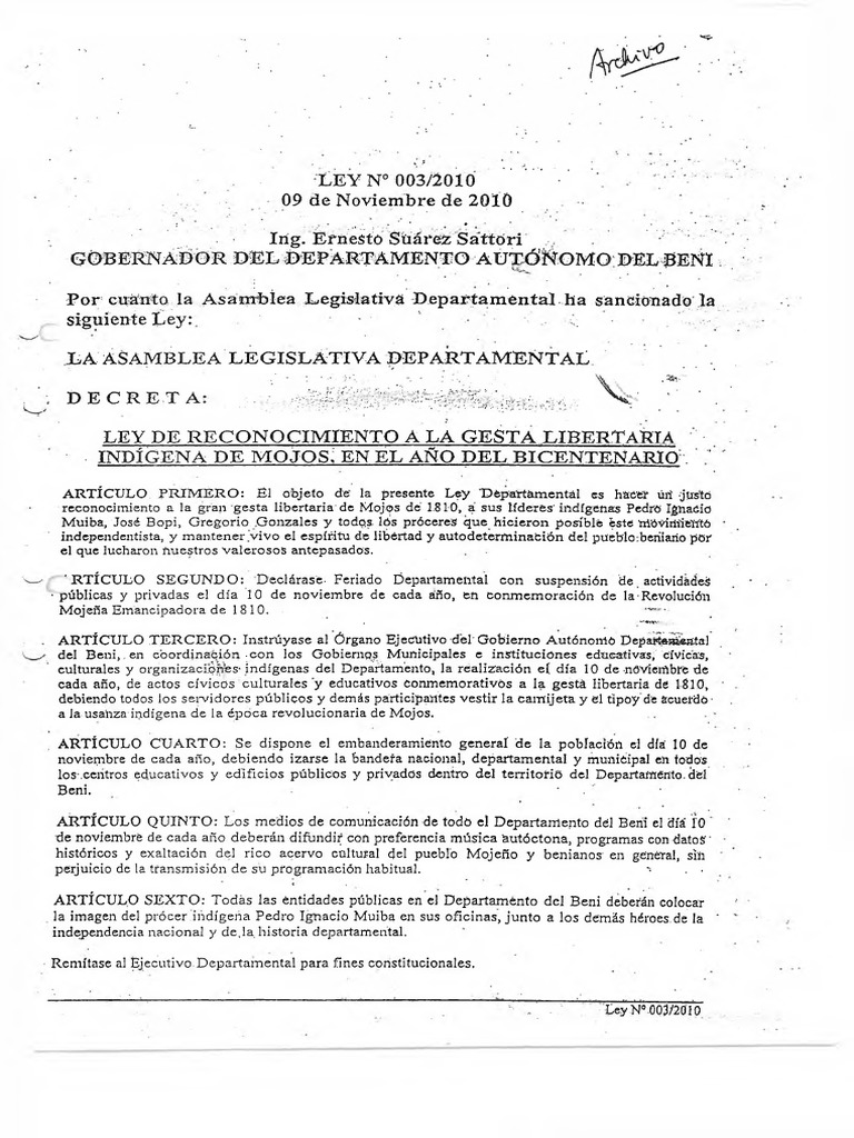 3-Ley #003-2010 - Gesta Libertaria Indígena de Mojos | PDF | Gobierno