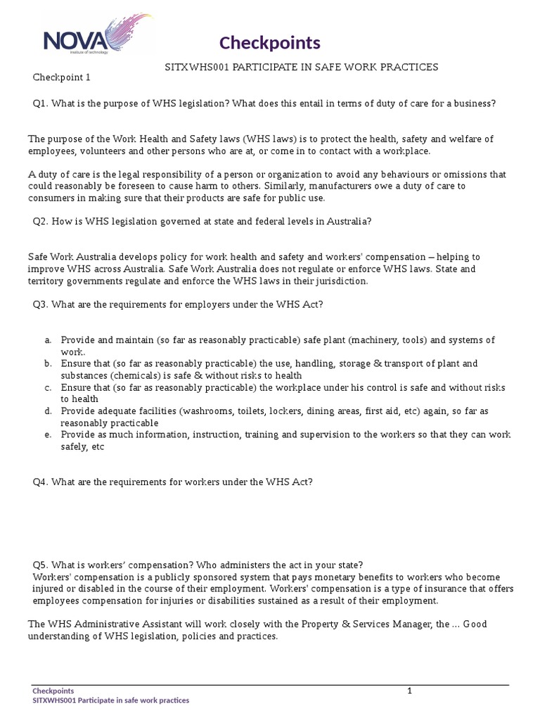 Checkpoints: Checkpoints SITXWHS001 Participate in Safe Work Practices ...