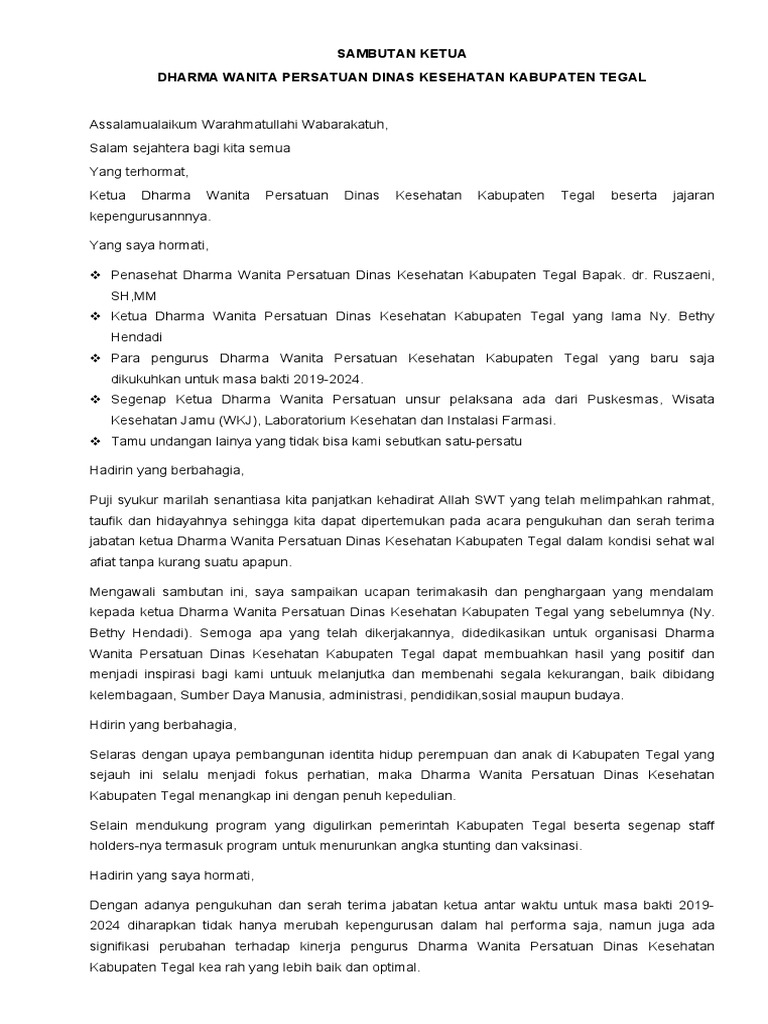 Draft Sambutan Ketua Pengukuhan DWP Unit | PDF