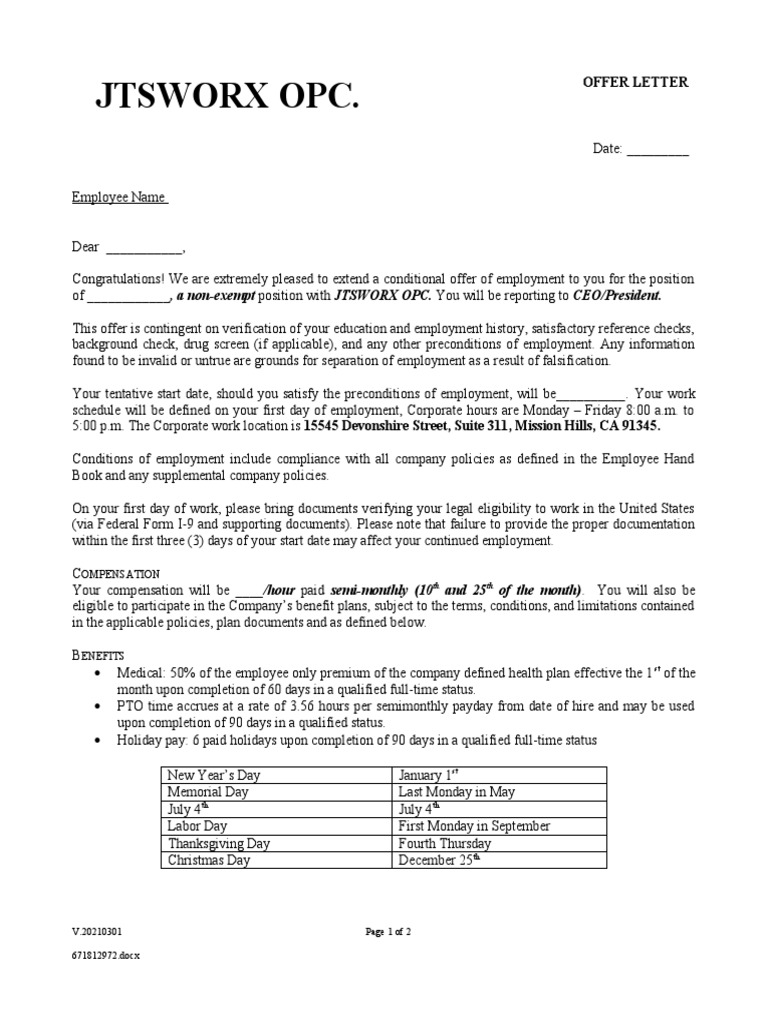 Conditional Job Offer Letter Template | PDF | At Will Employment ...