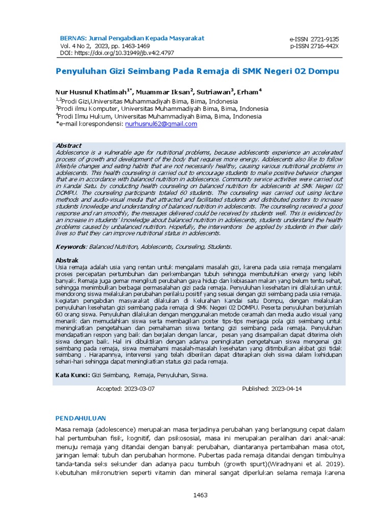 Penyuluhan Gizi Seimbang Pada Remaja Di SMK Negeri 02 Dompu: Nur Husnul ...