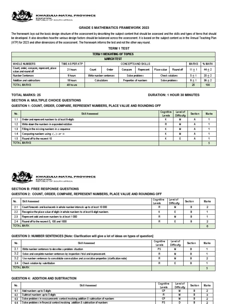 Grade 5 Term 1 Maths Test Framework | PDF