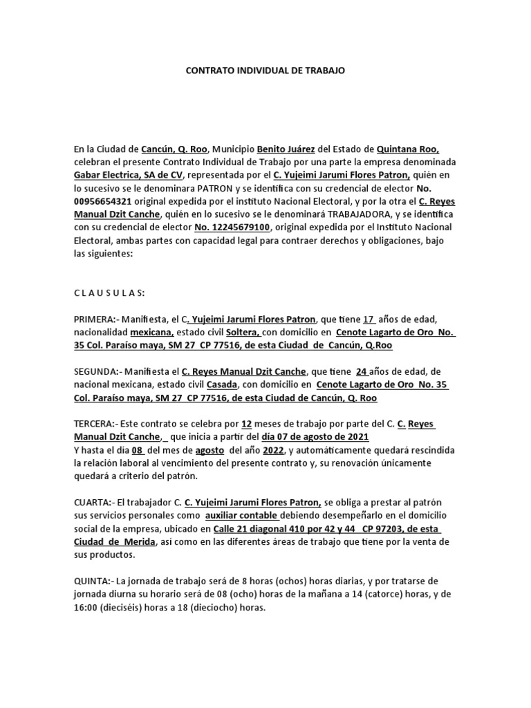 Contrato Individual de Trabajo | PDF