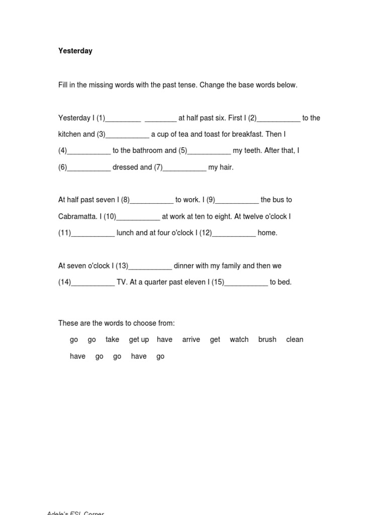 Past Tense Fill-in Exercise | PDF