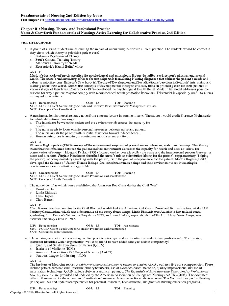 Test Bank For Fundamentals of Nursing 2nd Edition by Yoost | PDF ...