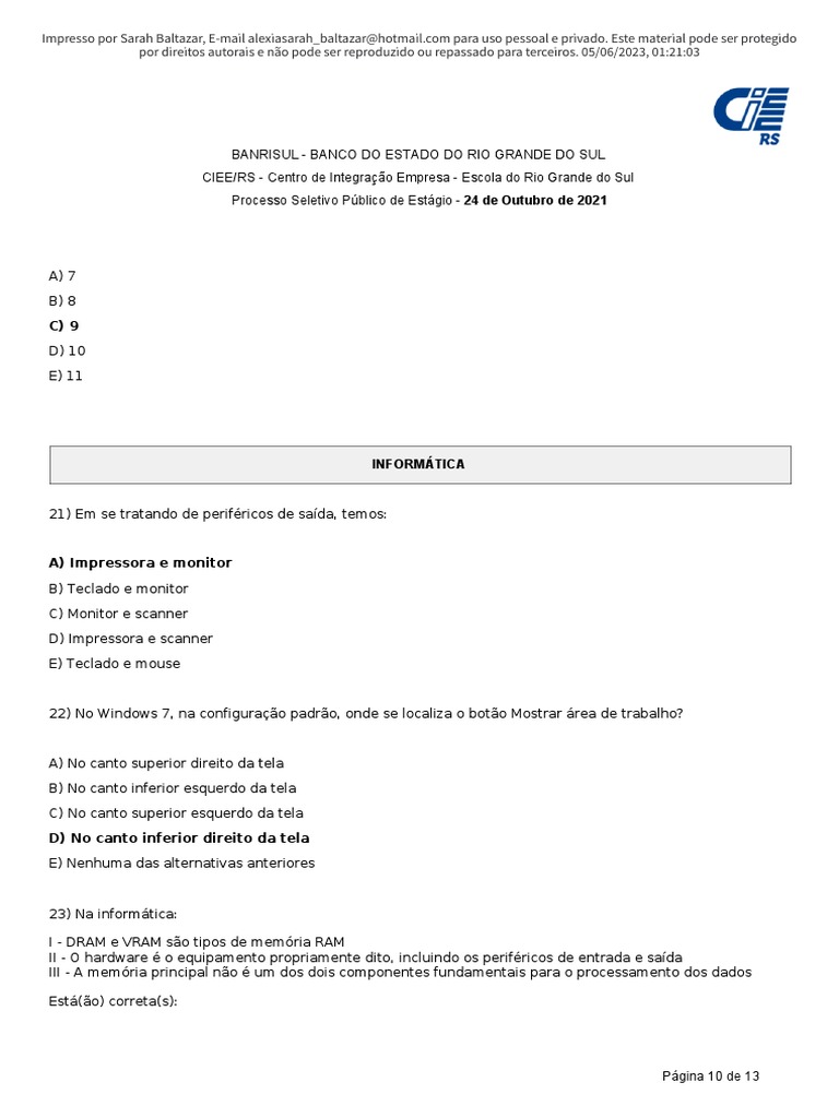Prova Ciee 2021 Estágio Banrisul - Passei Direto Informatica | PDF | Botão Ctrl | Microsoft Windows