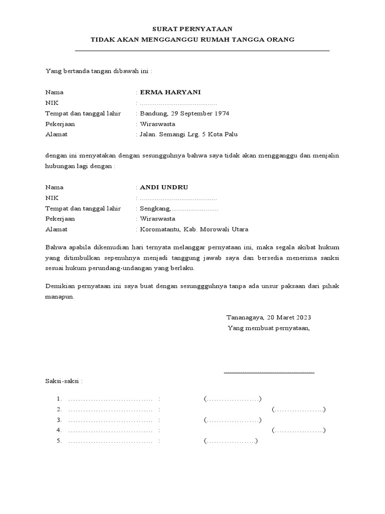 Surat Pernyataan Tidak Mengganggu Rumah Tangga Orang | PDF Surat Pernyataan Tidak Mengganggu Rumah Tangga Orang | PDF