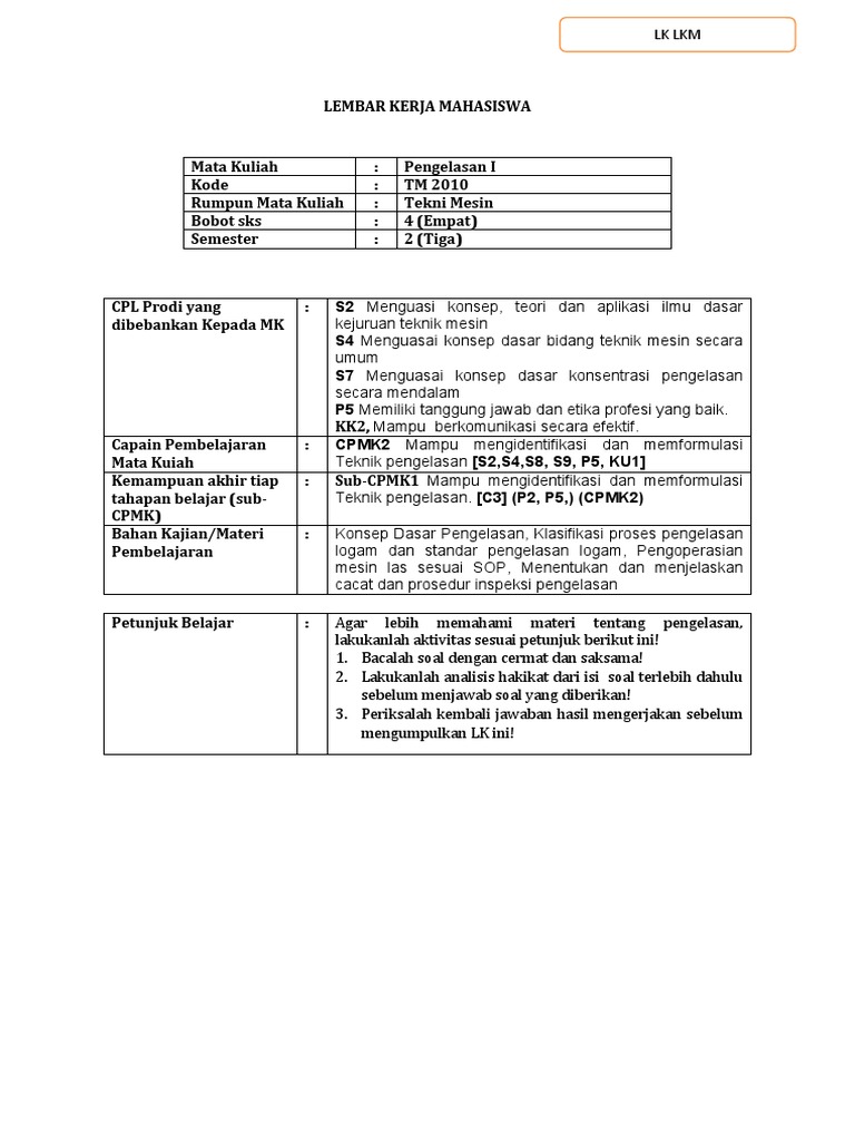 Contoh LKM Teknik Mesin | PDF