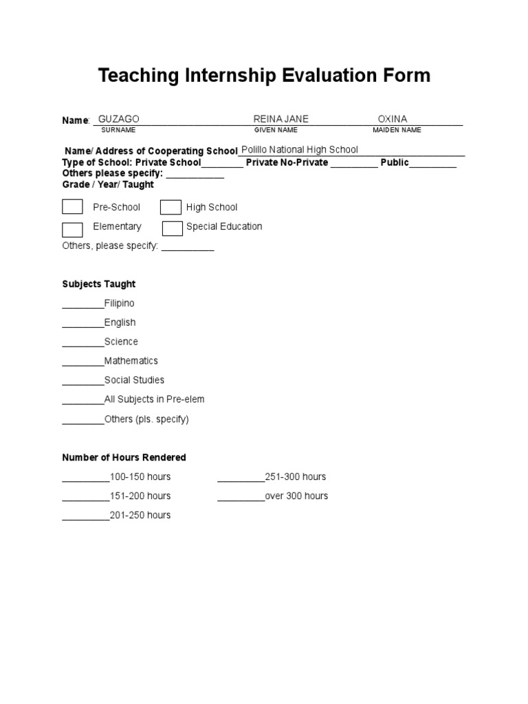 Teaching Internship Evaluation Form | PDF