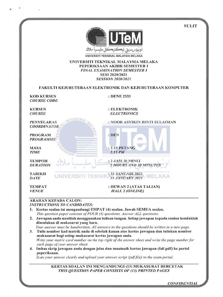 Exam Paper Utem Elektronic2021 | PDF