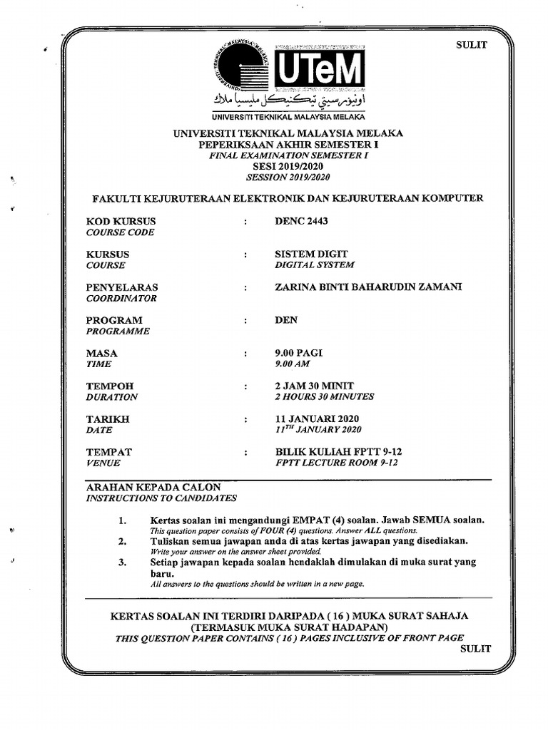 Exam Paper Digital Sistem Utem 2019 | PDF