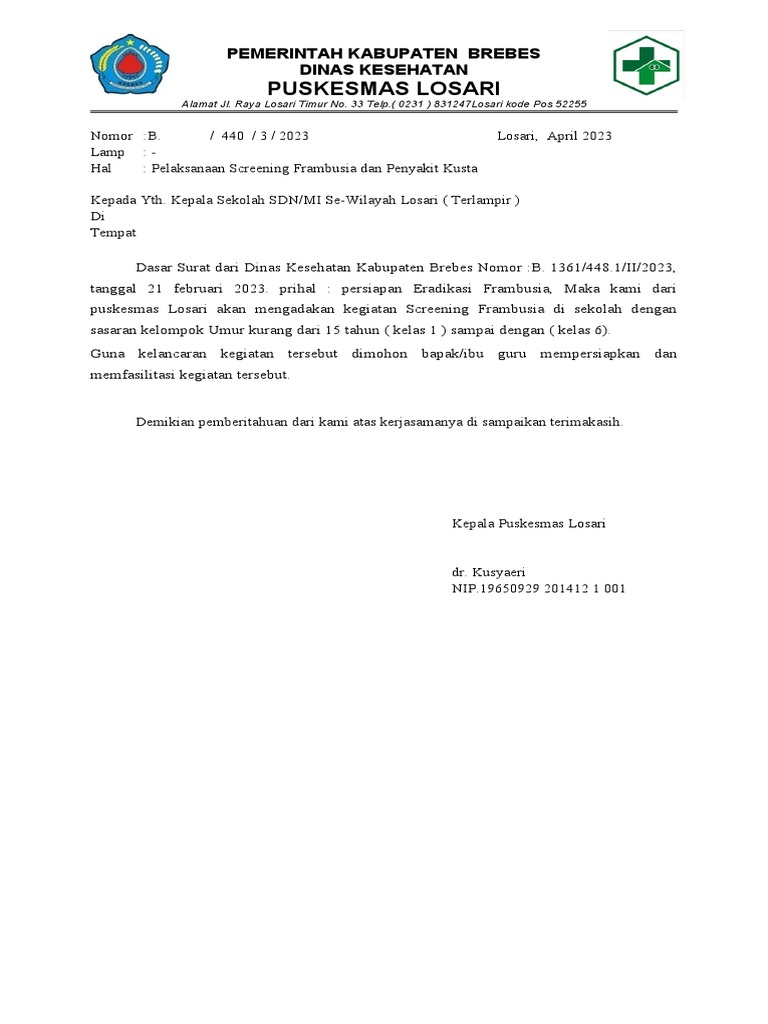 Surat Pemberitahuan Screening Frambusia+ Kusta | PDF