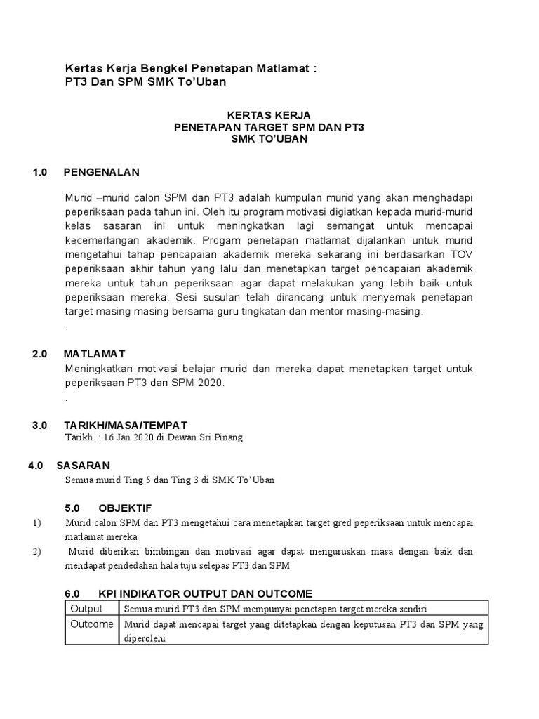 Kertas Kerja Bengkel Penetapan Matlamat PT3 & SPM | PDF