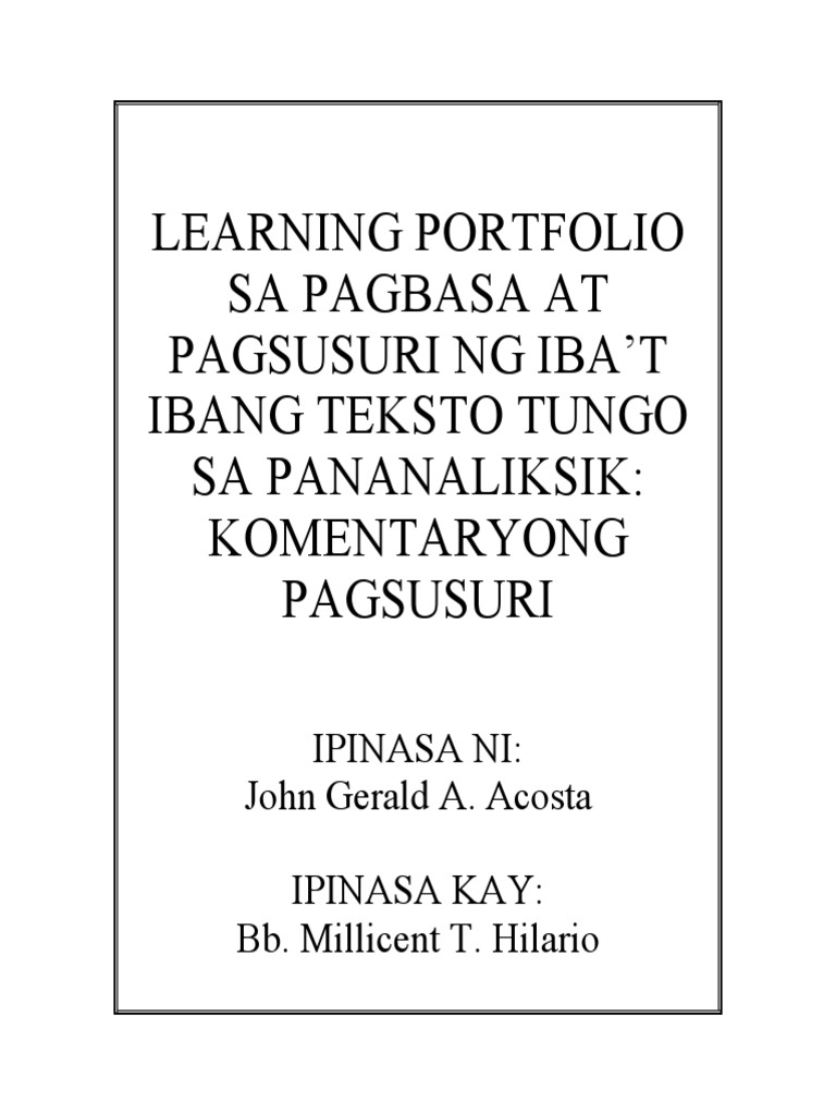 LEARNING PORTFOLIO SA PAGBASA AT PAGSUSURI _ | PDF