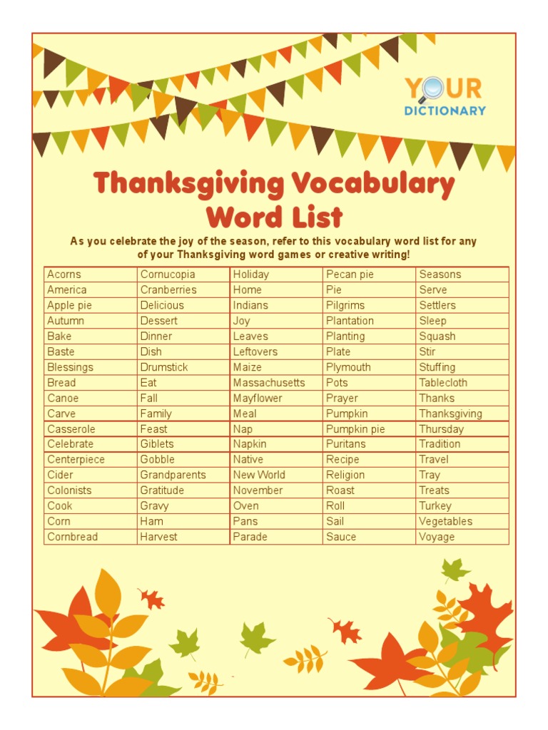 Thanksgiving Vocabulary Word List Chart | PDF