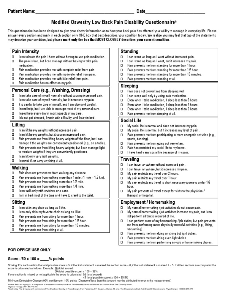 Modified Oswestry Low Back Pain Disability Questionnaire | PDF