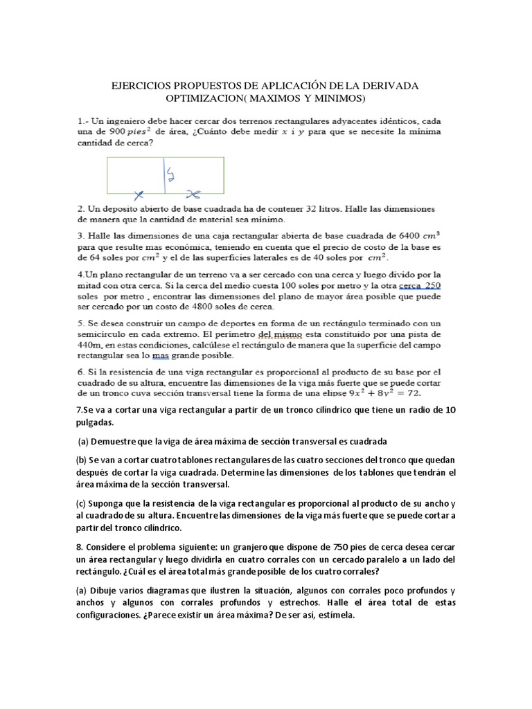 Ejercicios Propuestos de Aplicacion de La Derivada Optimizacion | PDF