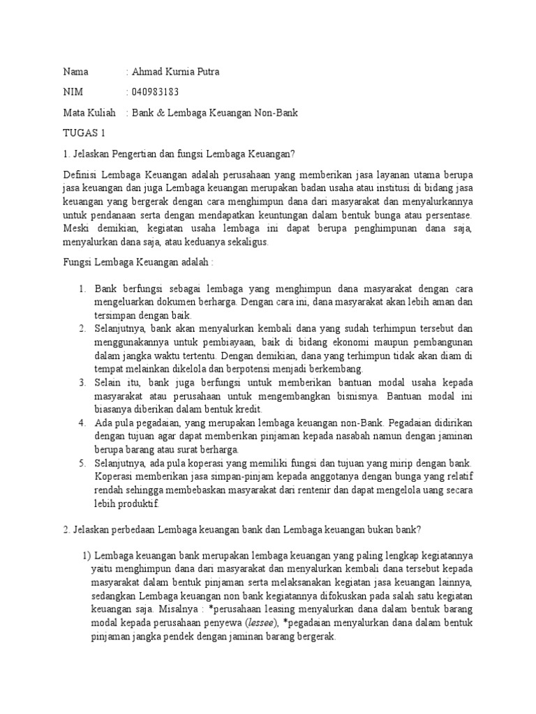 Jawaban Tugas 1 Bank & LKN Bank Ahmad Kurnia Putra | PDF | Bisnis