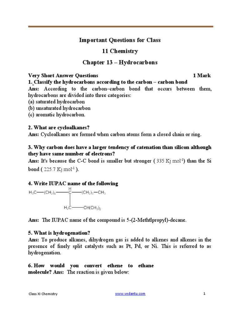 CBSE Class 11 Chemistry Chapter 13 - Hydrocarbons Important Questions ...