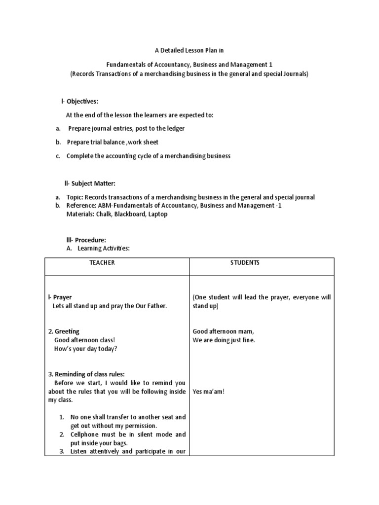 A Detailed Lesson Plan in FABM 1 | PDF | Accounting | Cognition