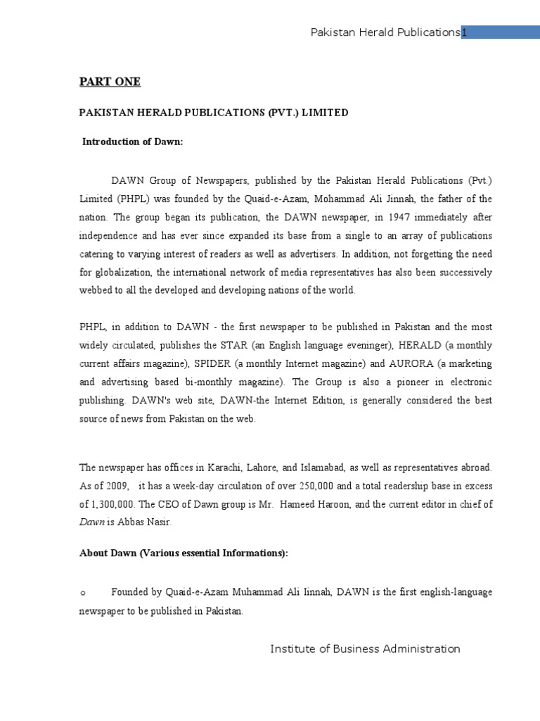 Part One: Pakistan Herald Publications (PVT.) Limited Introduction of ...