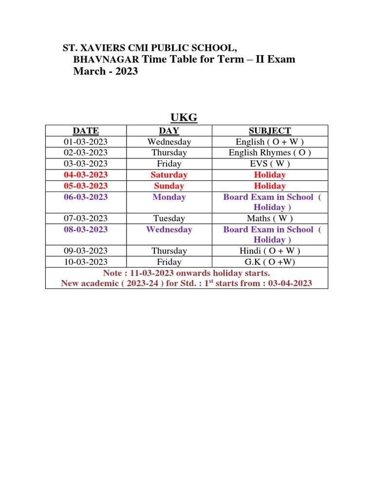 Time Table For Term - II Exam March - 2023: St. Xaviers Cmi Public ...