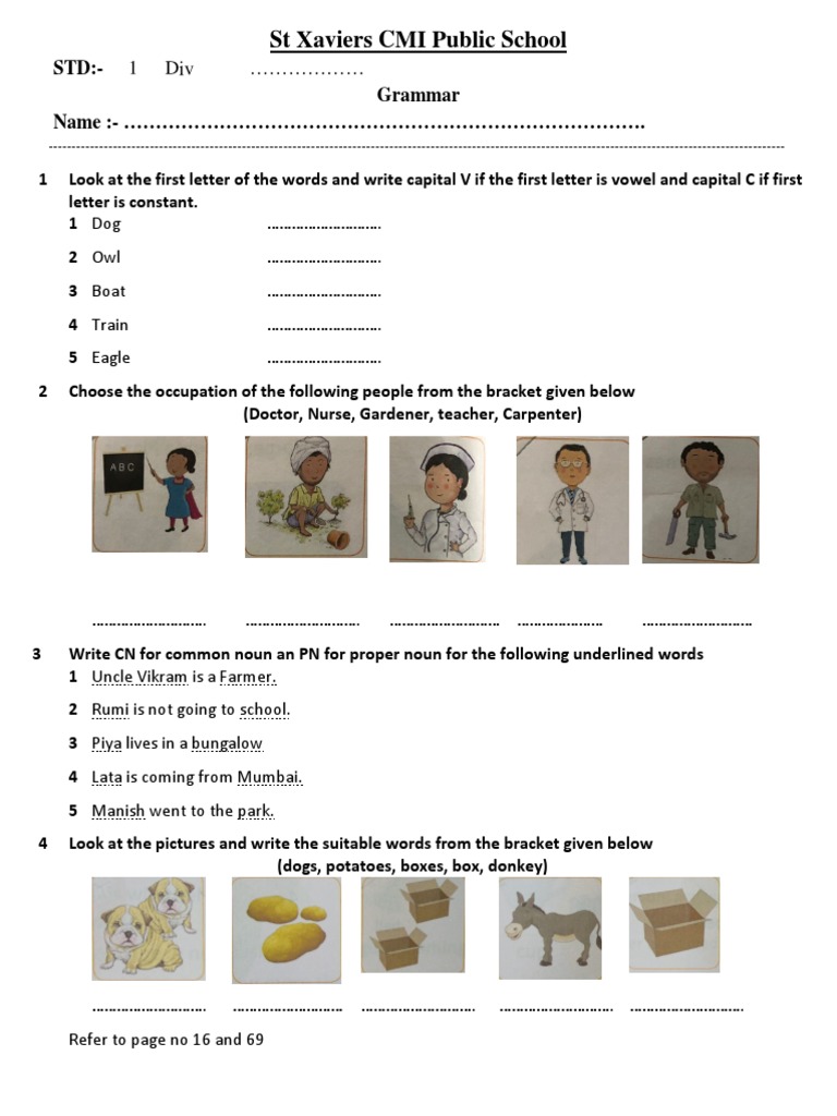English Grammar Class 1 Worksheet P 1 | PDF