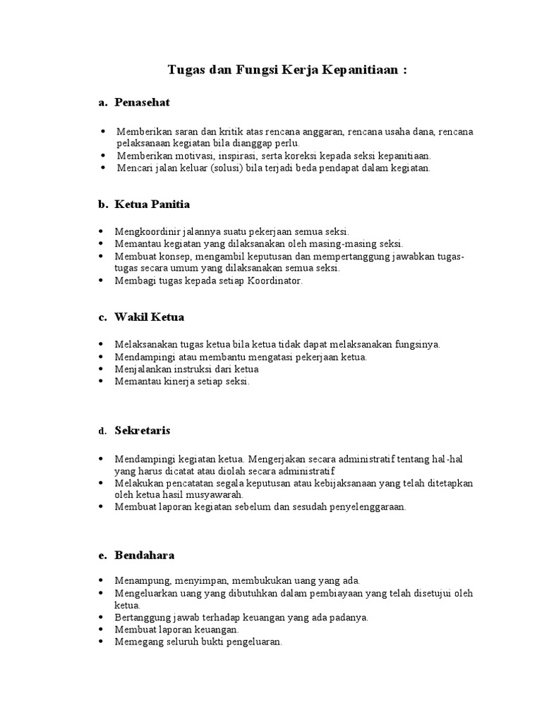 Tugas Dan Fungsi Kerja Kepanitiaan | PDF