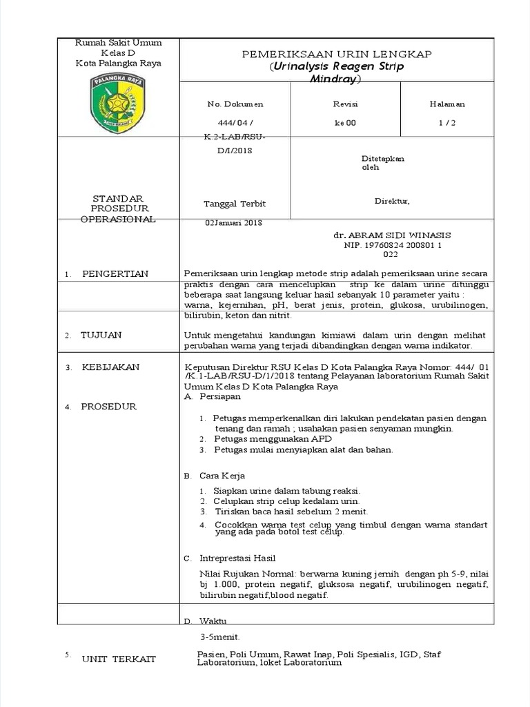 PDF Sop Pemeriksaan Urin Lengkap Urinalysis Reagen Strip Mindray ...