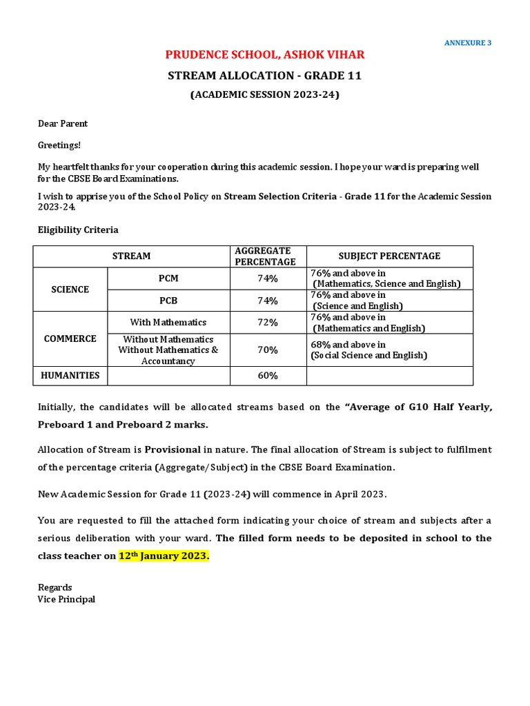 STREAM ALLOCATION FORM (2023-24) | PDF
