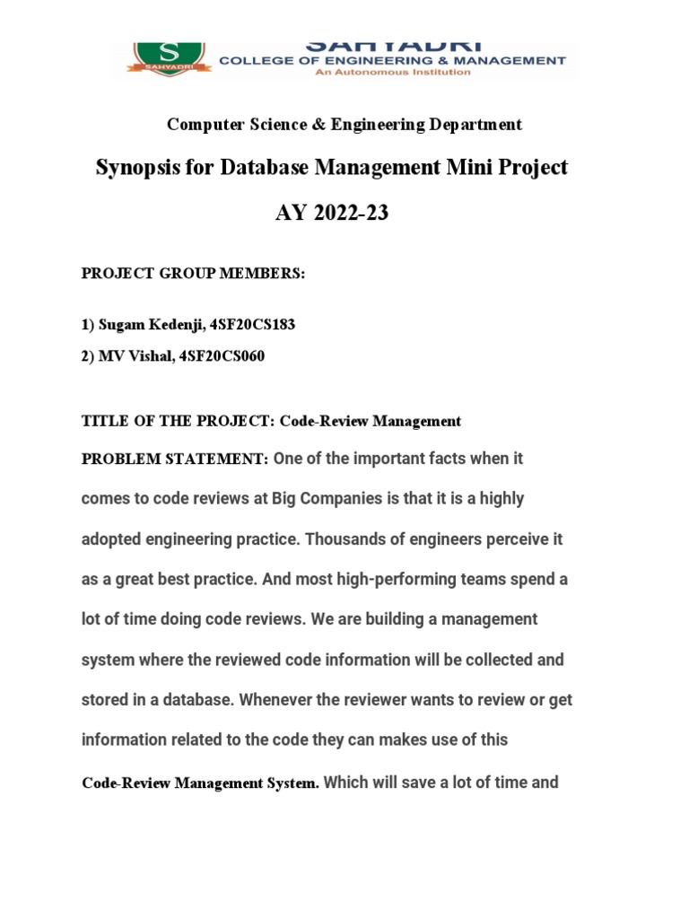 DBMS Project Synopsis Format | PDF