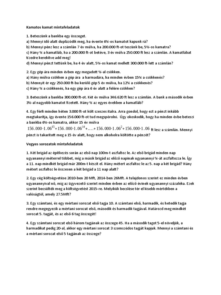 Kamatos Kamat - Vegyes Sorozatok Mintafeladatok | PDF