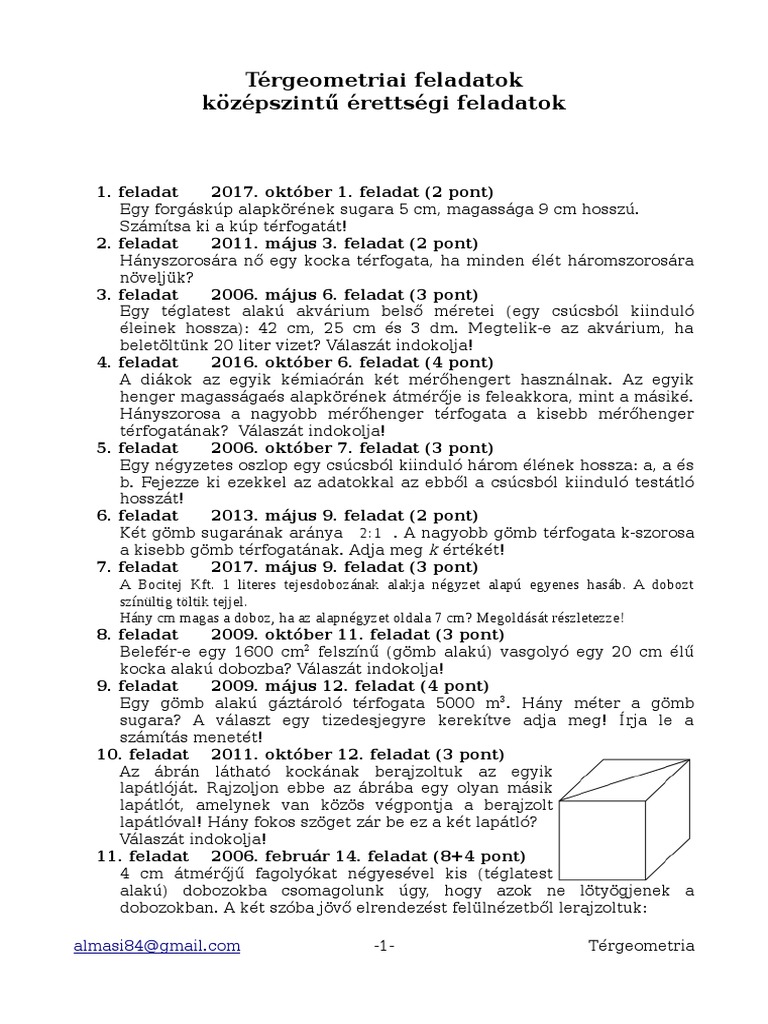 Térgeometriai feladatok középszintű érettségi feladatok | PDF
