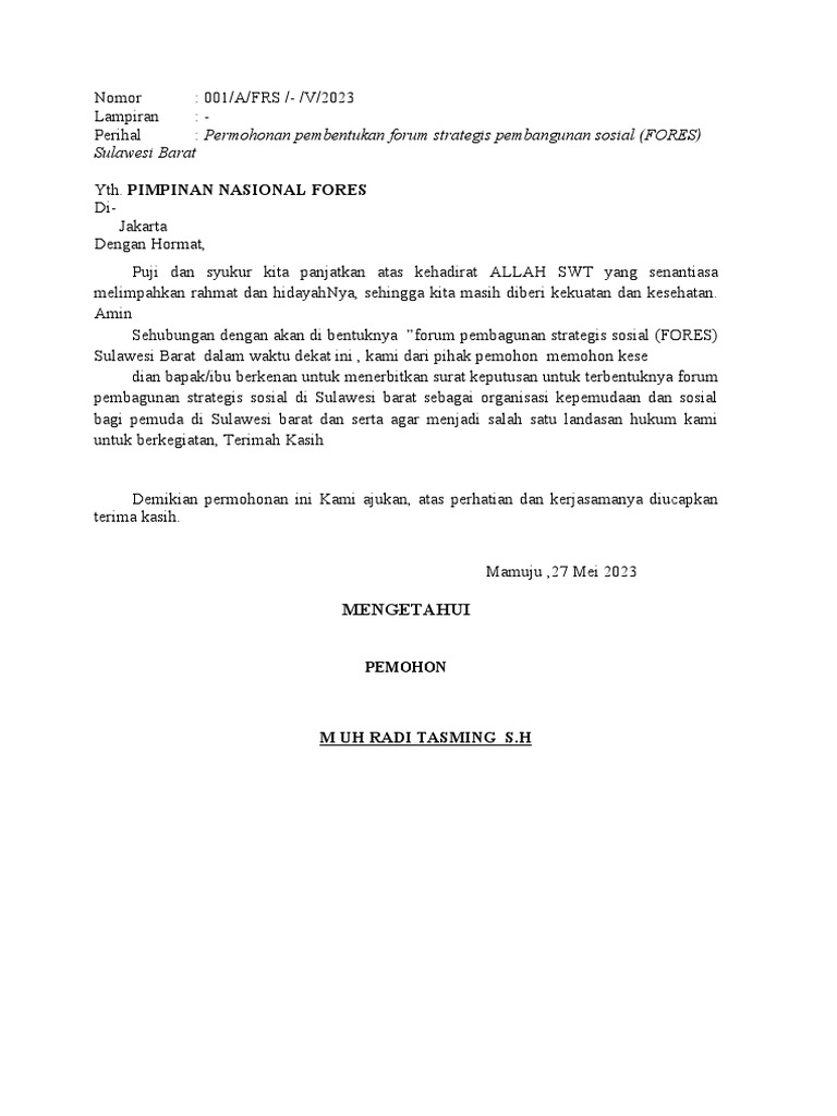 Surat Permohonan FORES SULBAR | PDF