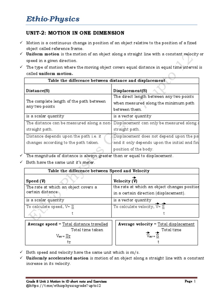 Grade 8 Unit 2 Motion in A Straight Line Short Note and Exercies | PDF
