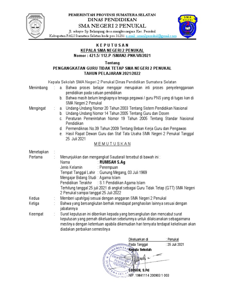 SK Pengangkatan GTT Rumisah | PDF