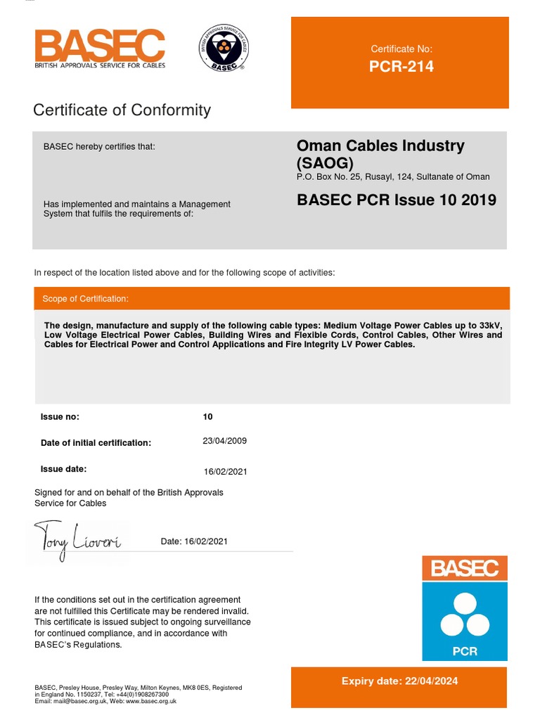 Oman Cables Certification Overview | PDF
