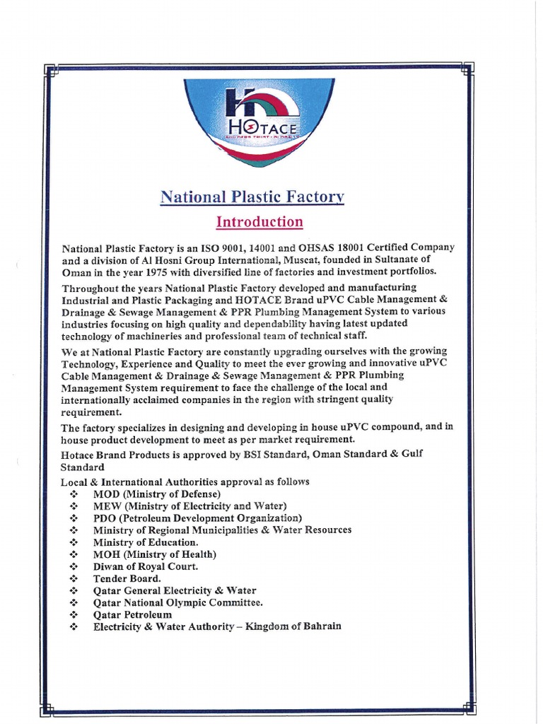 Hotace company profile - National Plastic Factory | PDF