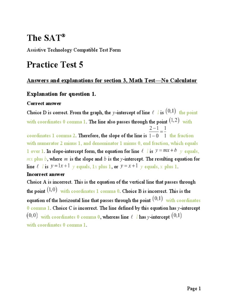 Sat Practice Test 5 Math No Calculator Answers Assistive Technology ...