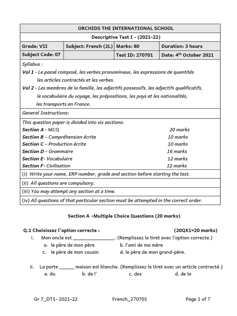 French - Grade 7 - 270701 - DT 1 - 04.10.2021 | Download Free PDF ...