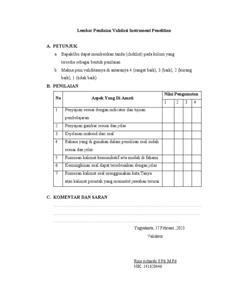Lembar penilaian Validasi Instrument Penelitian_pak rino | PDF