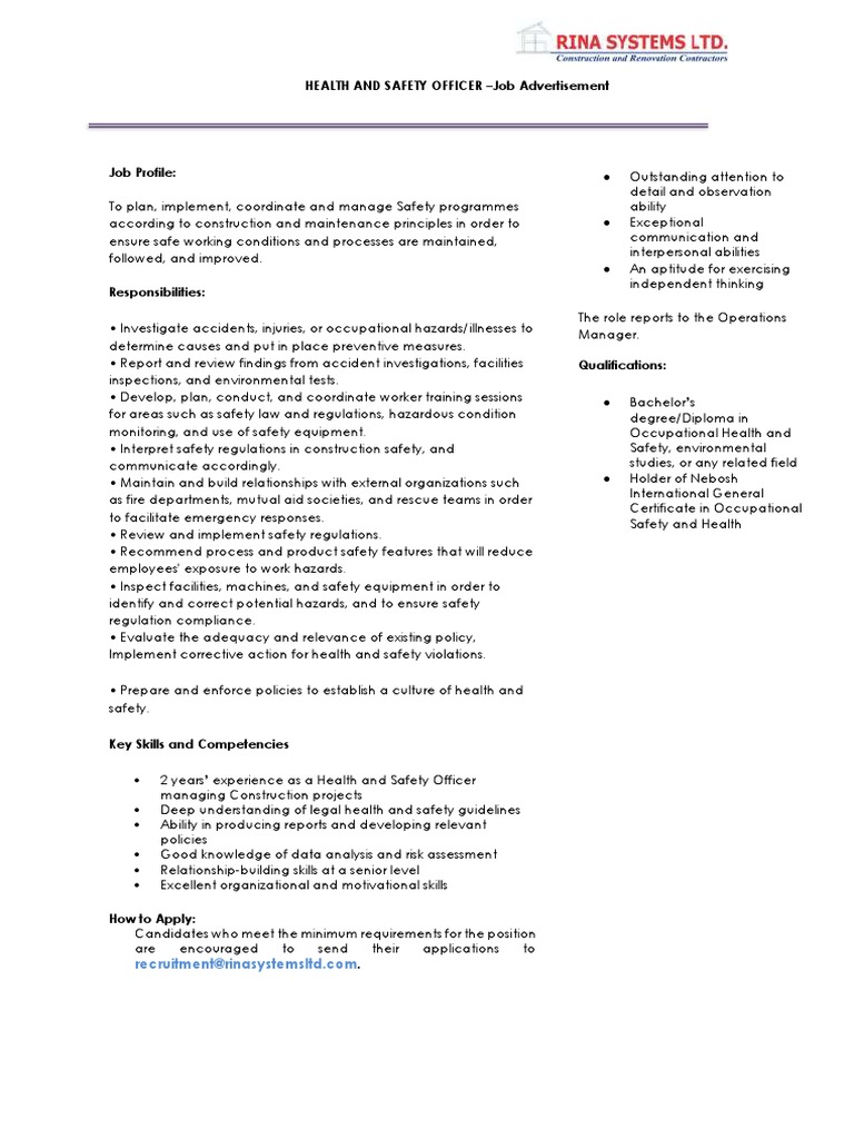 Health and Safety Officer Job Advert | PDF | Occupational Safety And ...