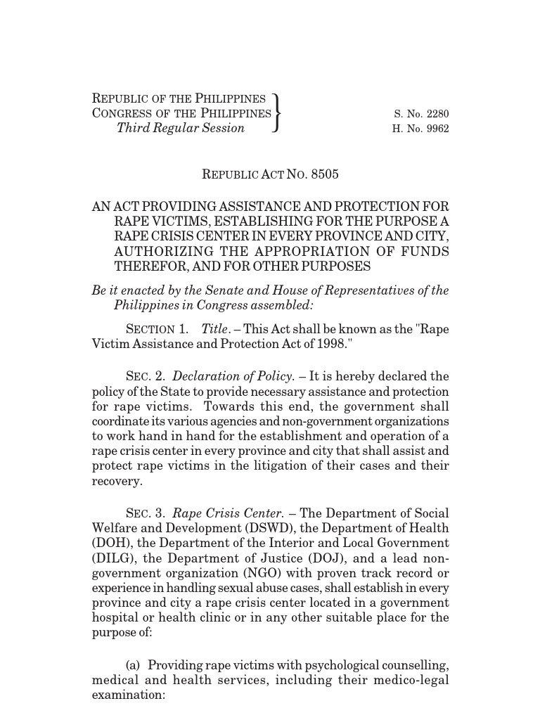 R.A. 8505 Rape Victim Assistance and Protection Act of 1998 | PDF ...