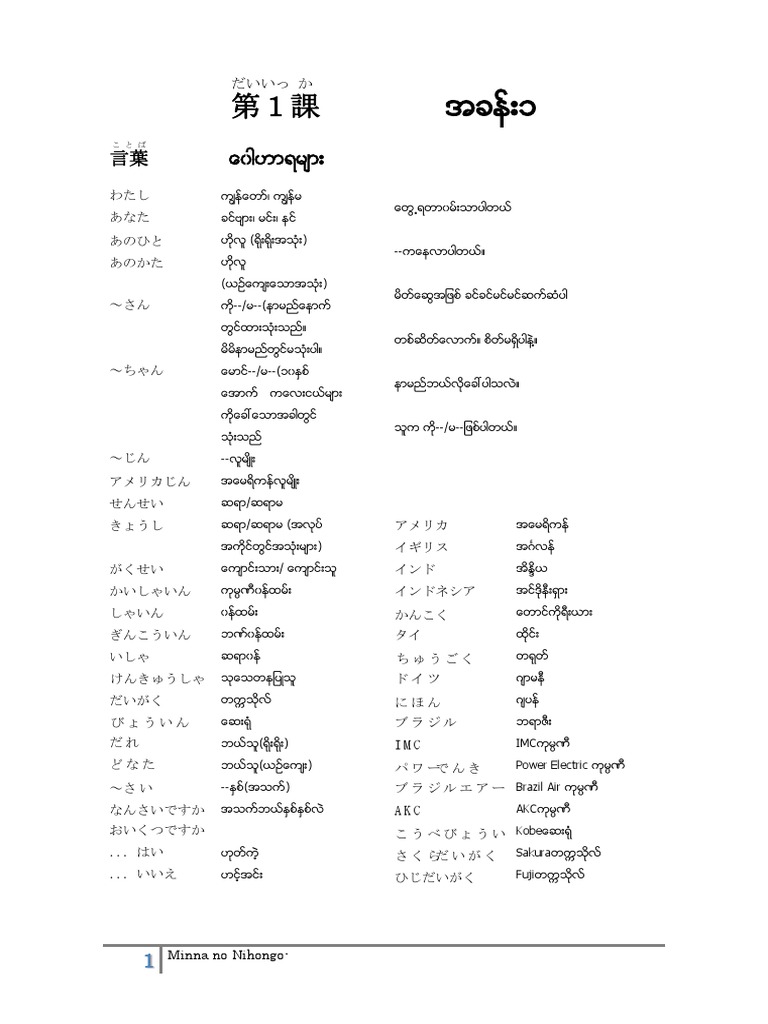 Minna 1 Vocabulary | PDF