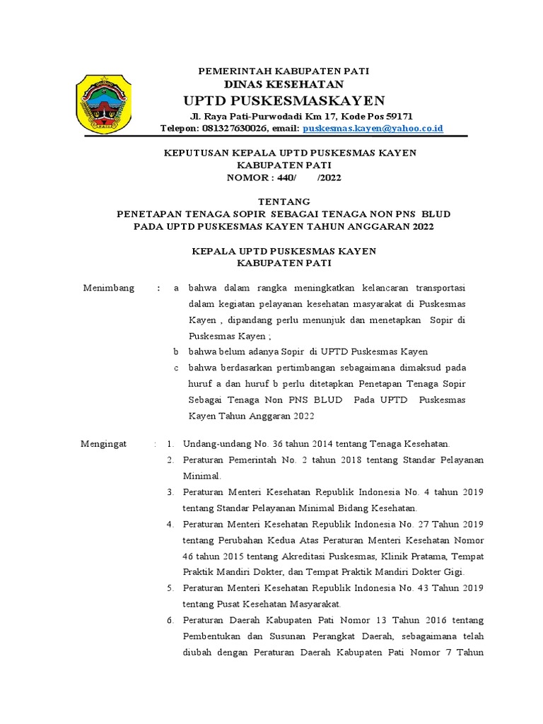 Penetapan Sopir Non PNS Puskesmas Kayen 2022 | PDF
