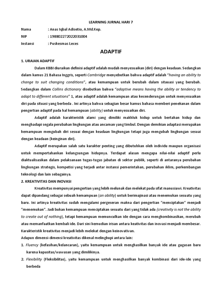 Adaptasi dan Kreativitas dalam Organisasi | PDF | Karier & Perkembangan ...