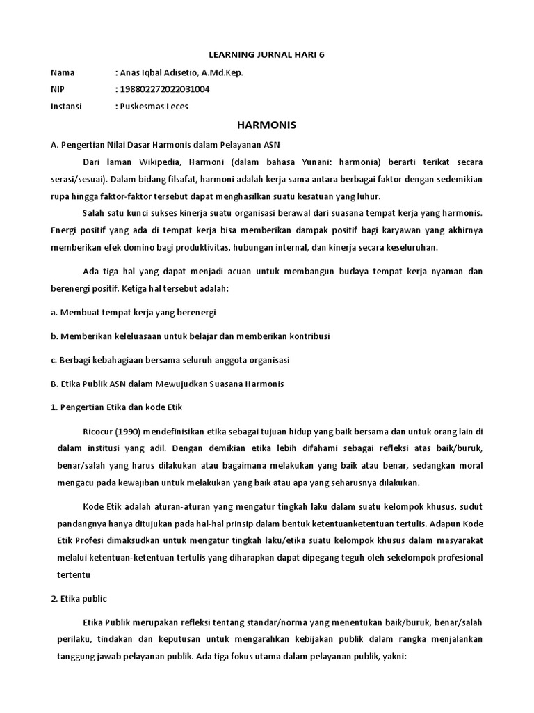 LEARNING JURNAL HARI 6 harmonis dan loyal | PDF