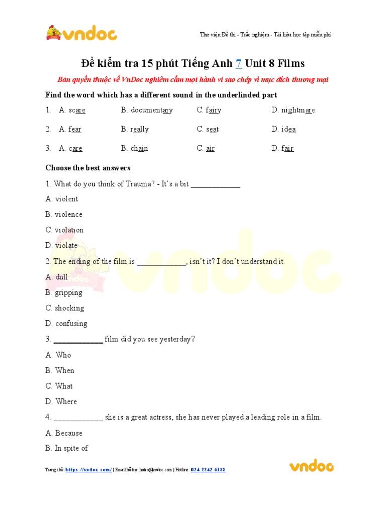 De Kiem Tra 15 Phut Tieng Anh 7 Unit 8 Films | PDF